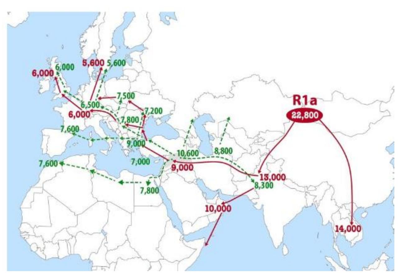 Map of the spread of haplogroup r1a according to anton