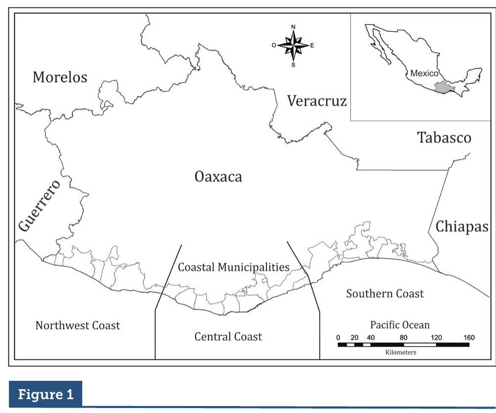 Map of the coastal region of oaxaca, mexico divided into the