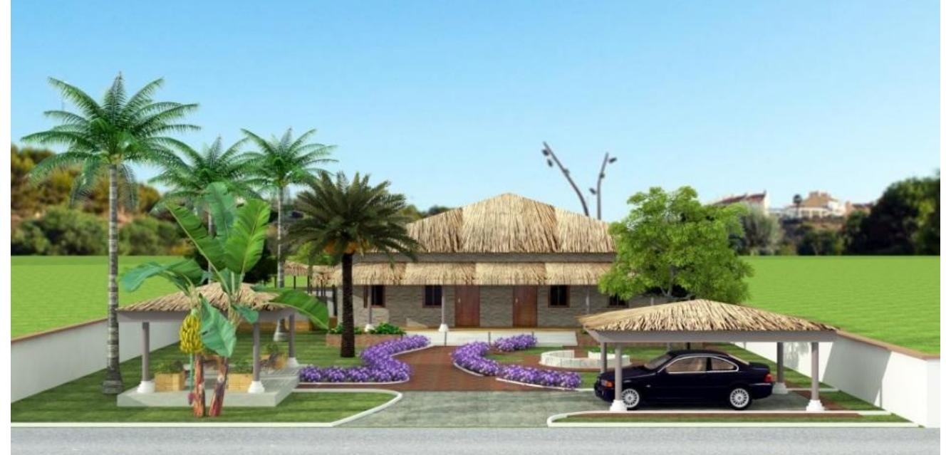 3d view of single storied rammed earth low cost house in