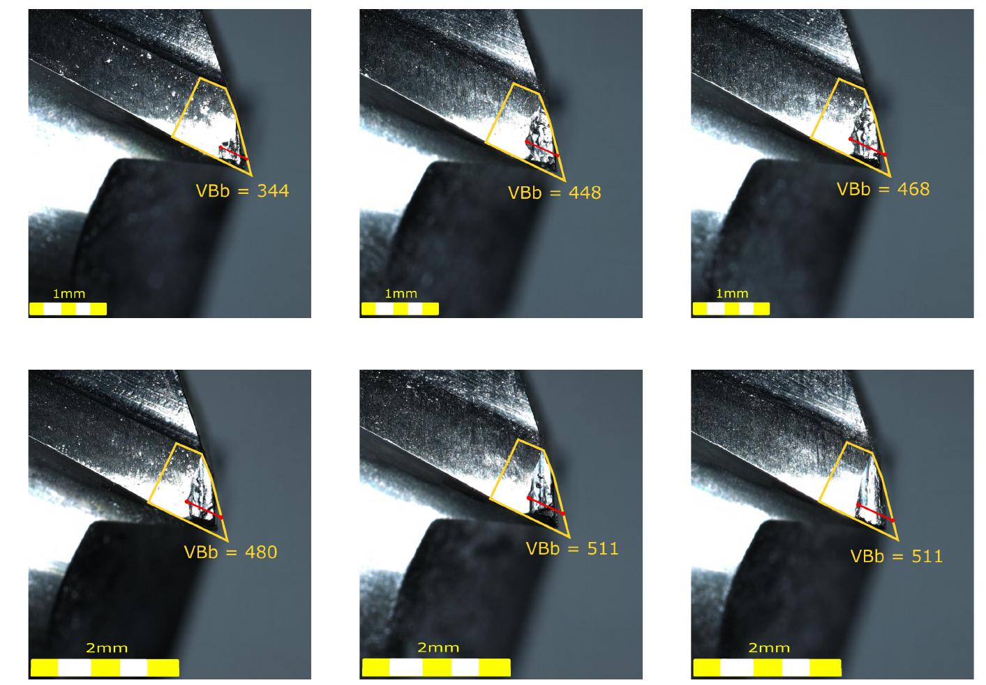 From left to right and top to bottom, flank wear measurement