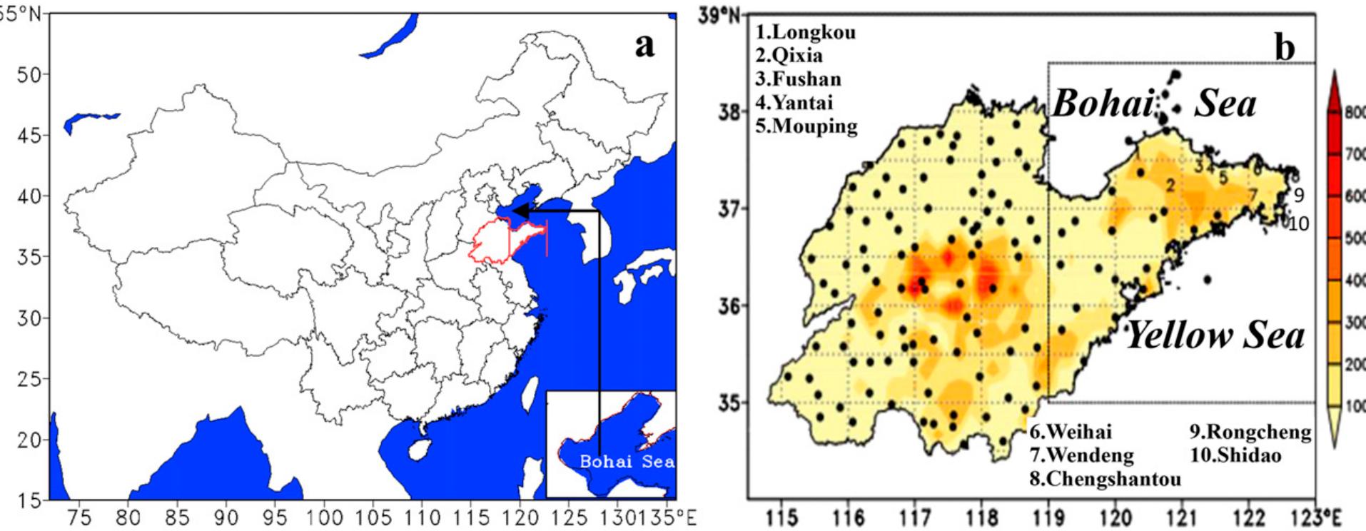 (a) study area, with the inset map showing the bohai sea at