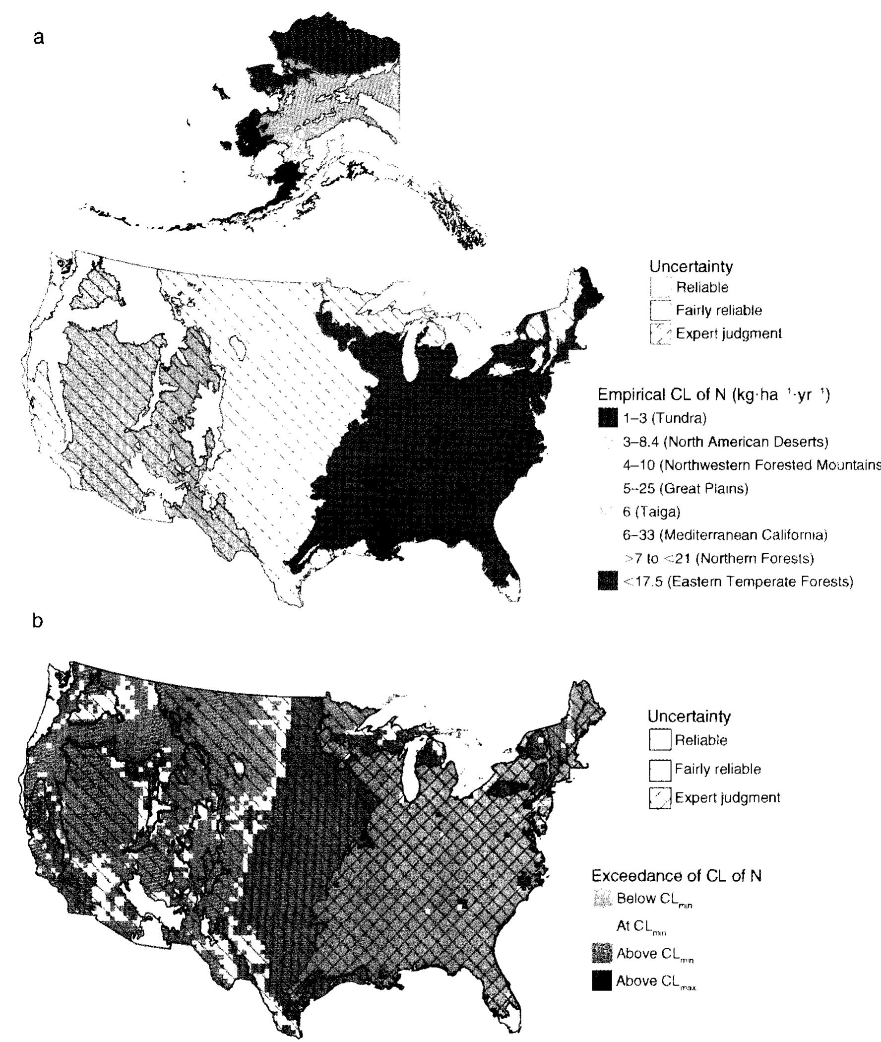 Fic. 5. map of (a) critical loads and (b) exceedances of n