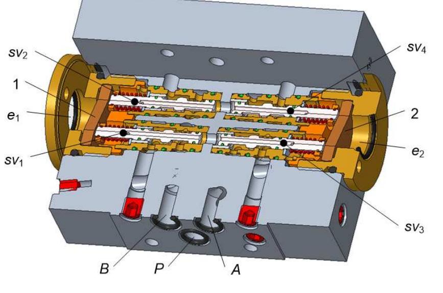 Valve cross-section; 1—platen, 2—cover; sv, ... svg—seat