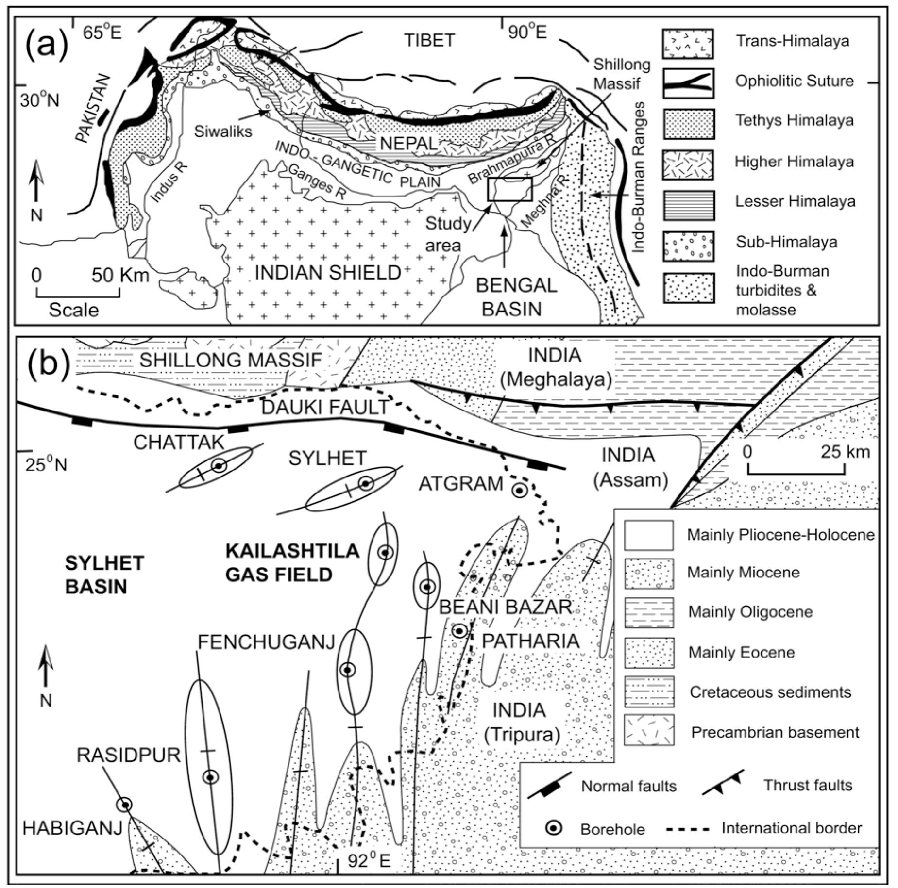 (a) map of the bengal basin and adjoining areas, showing