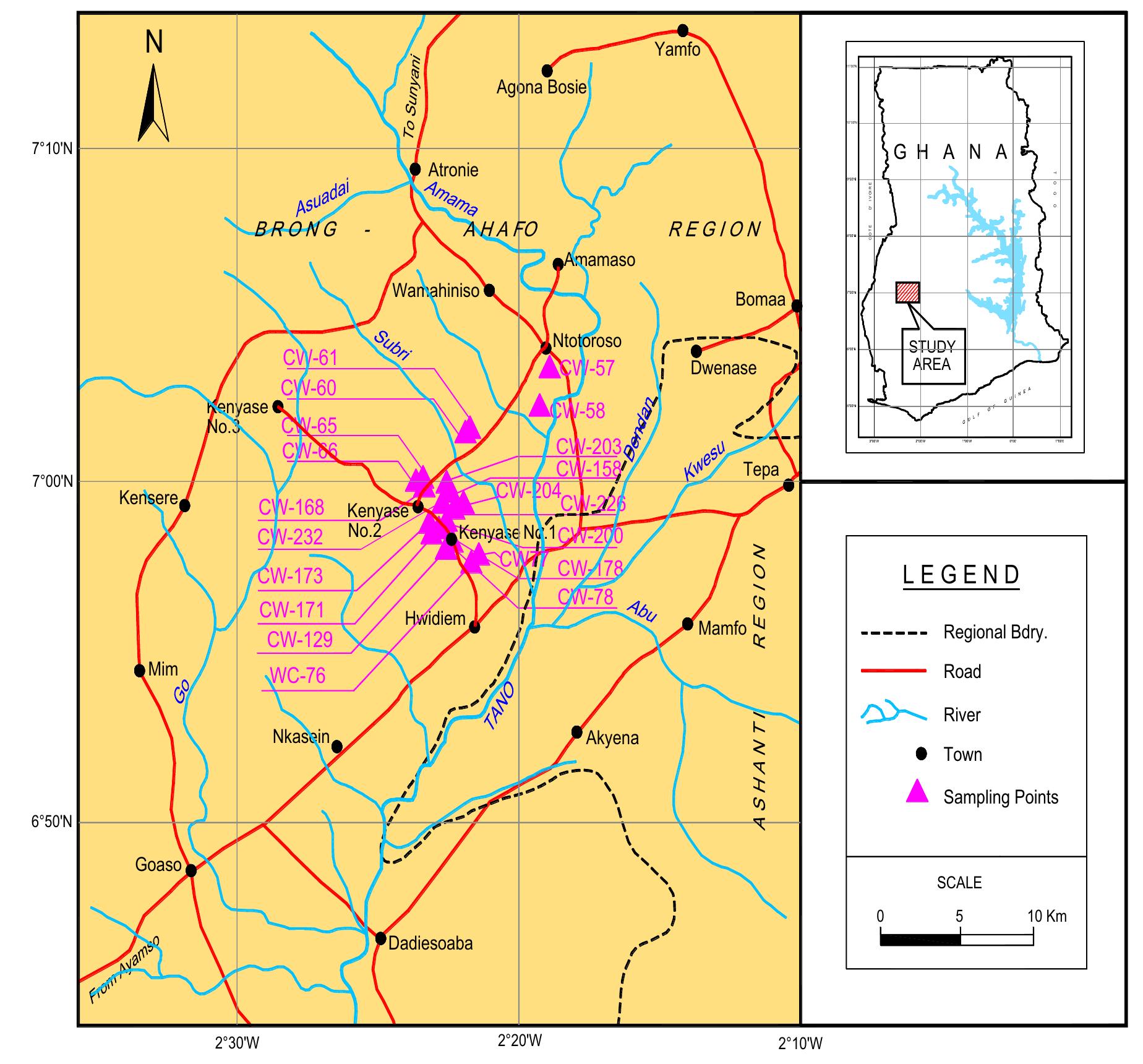 Map of the study area (insert map of ghana) showing sampling