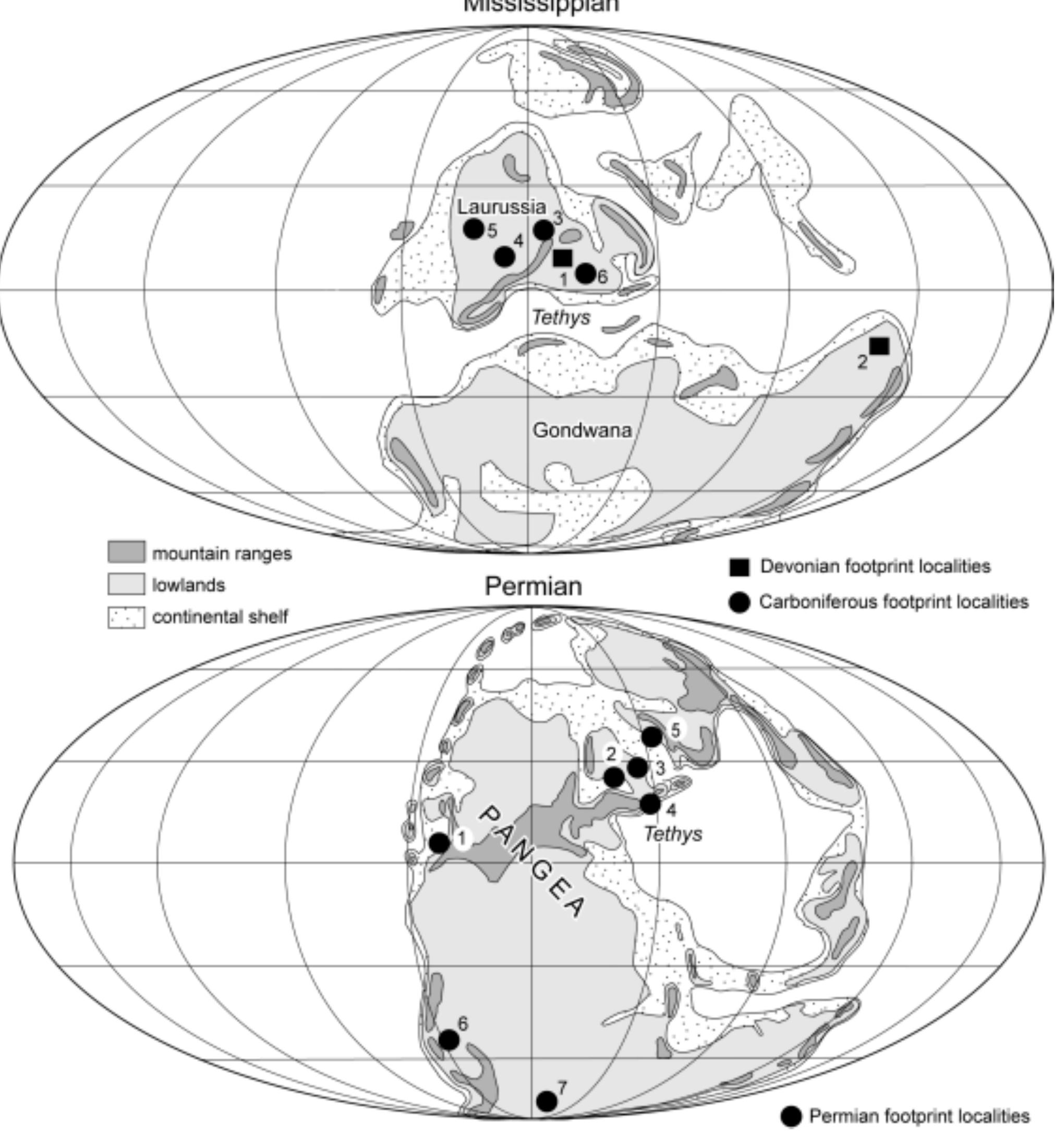 Global map of paleozoic tetrapod ichnofaunas. upper map