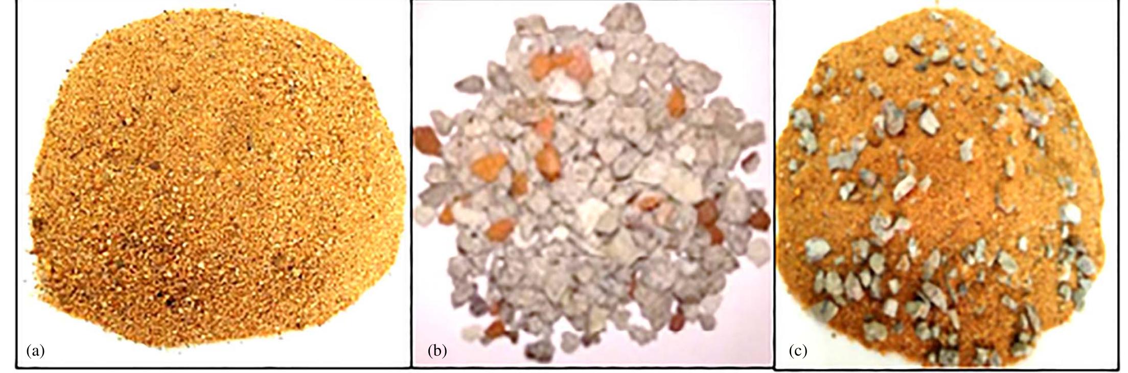 Showing: (a) sand; (b) bdm; and (c) sand and10% bdm blend.