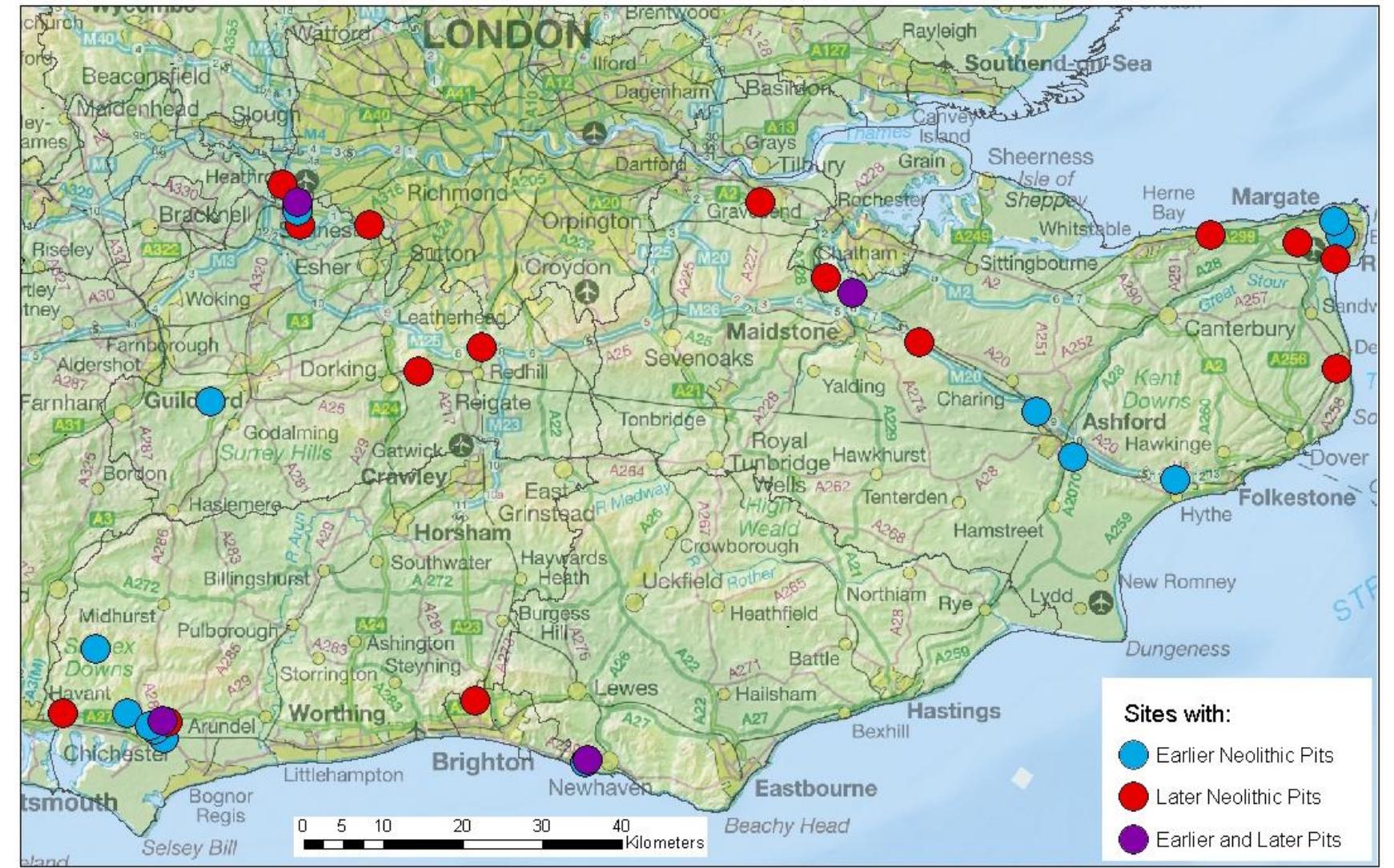 Distribution map of neolithic pits sites in the south east