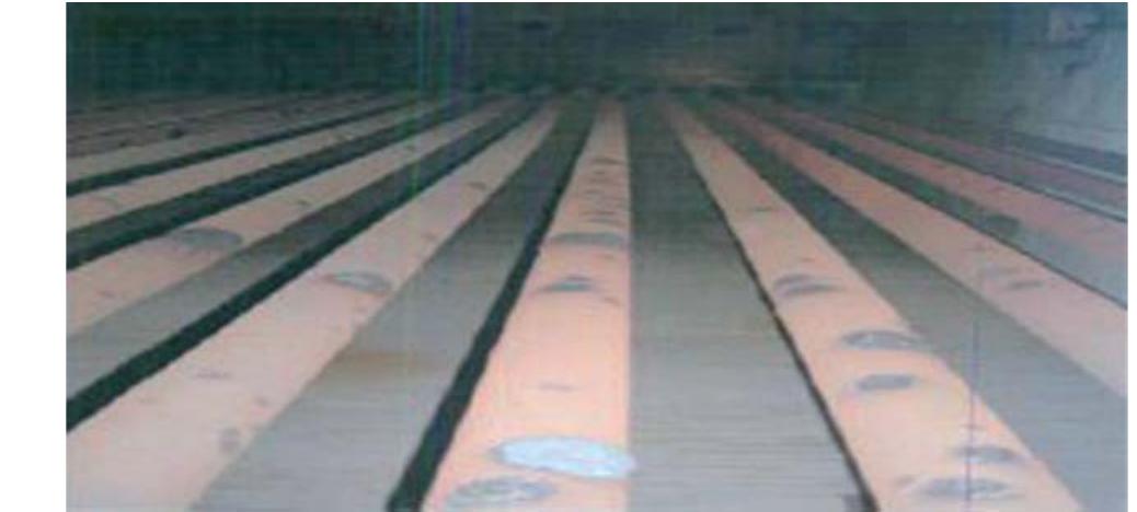 Ammonia-2 reformer tubes with corrosion spots. [color figure