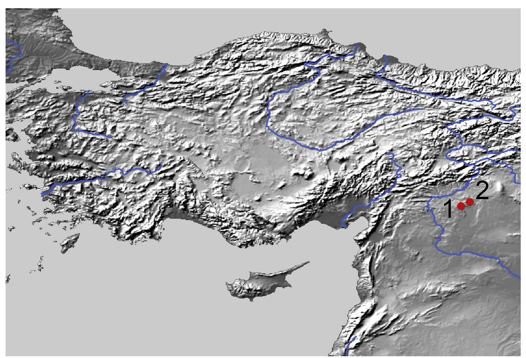 Map of turkey. (1) sanliurfa, (2) gobekli tepe (made with