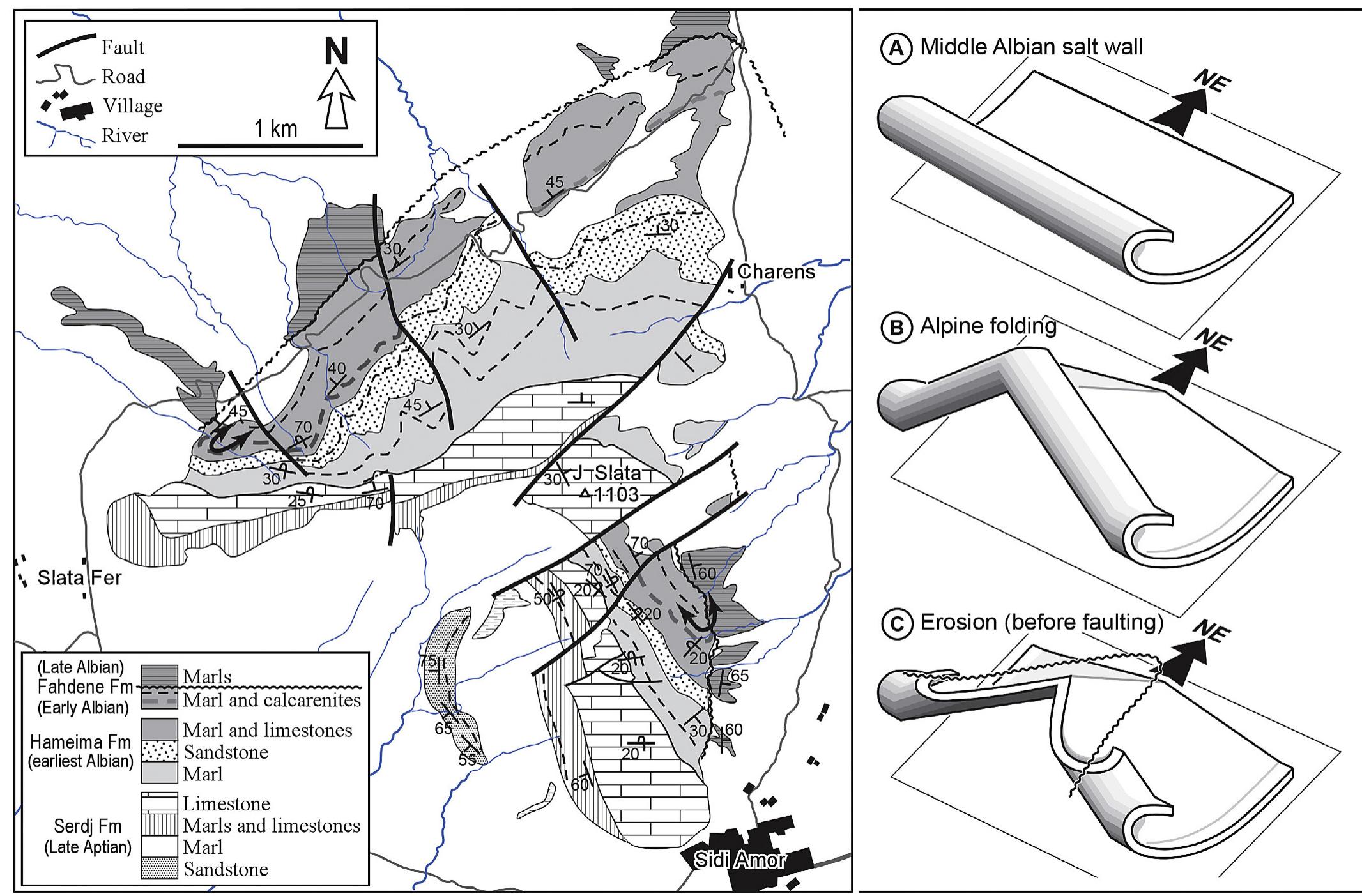 Simplified geological map of the jebel slata (left), and