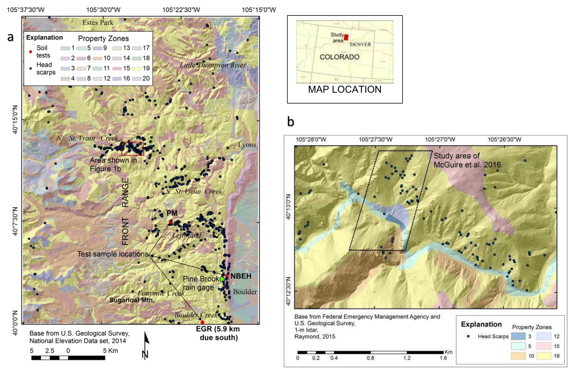 Maps of study area. (a) map showing debris flow head scarps,
