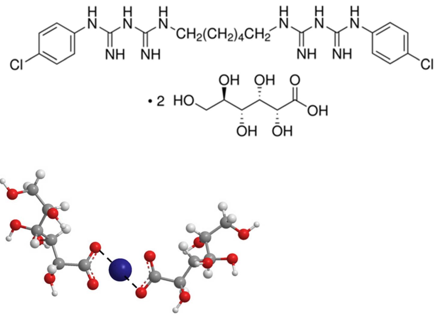 Chlorhexidine digluconate structure (top) and schematic