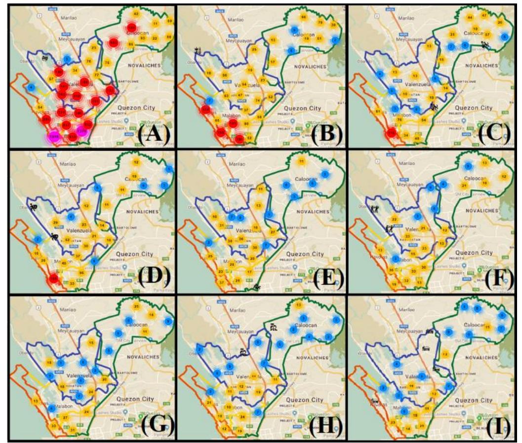 Spatial map of crime clusters distribution. (i)
