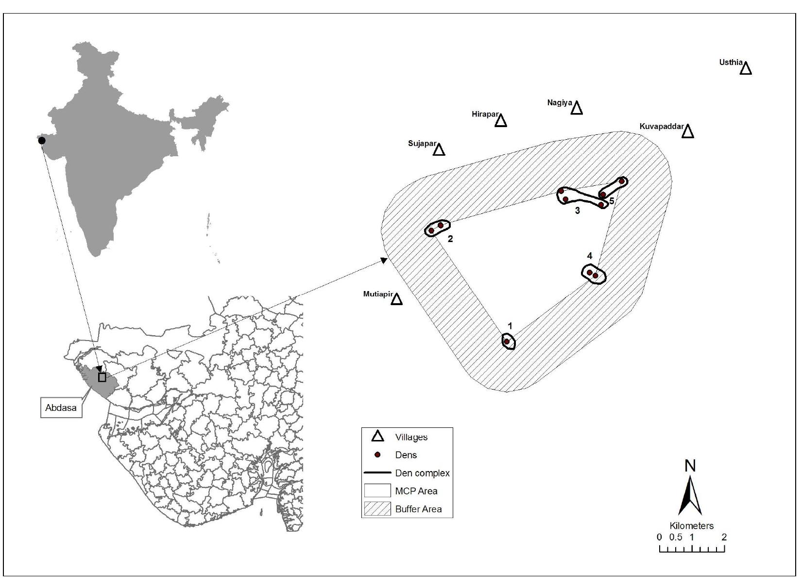 Den groups of the five breeding pairs (shown in black lines)