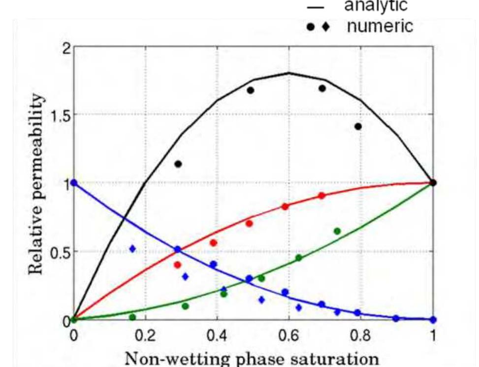 Phase relative permeabilities: numerical (symbols) and