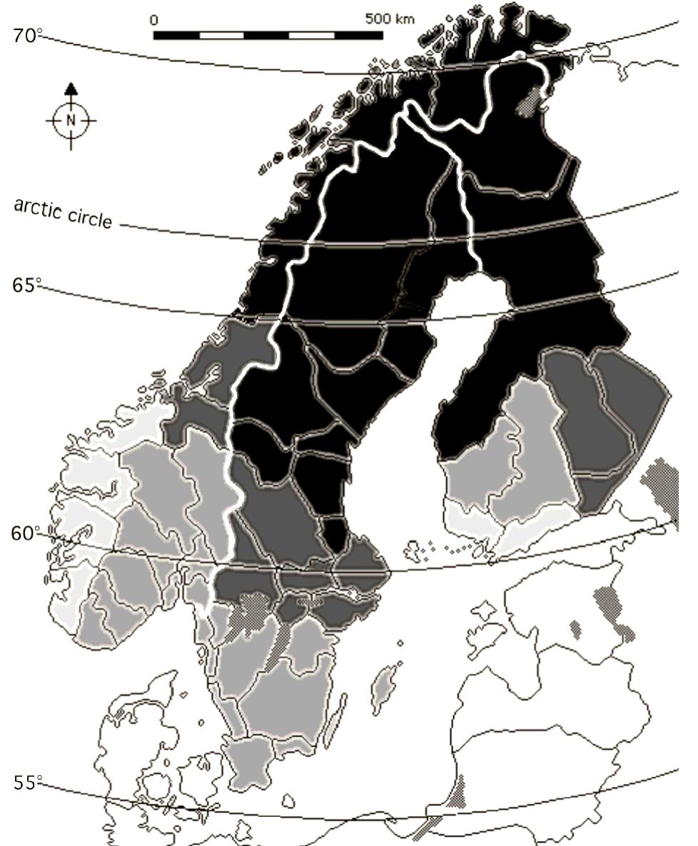 Map showing the regional divisions of norway, sweden and