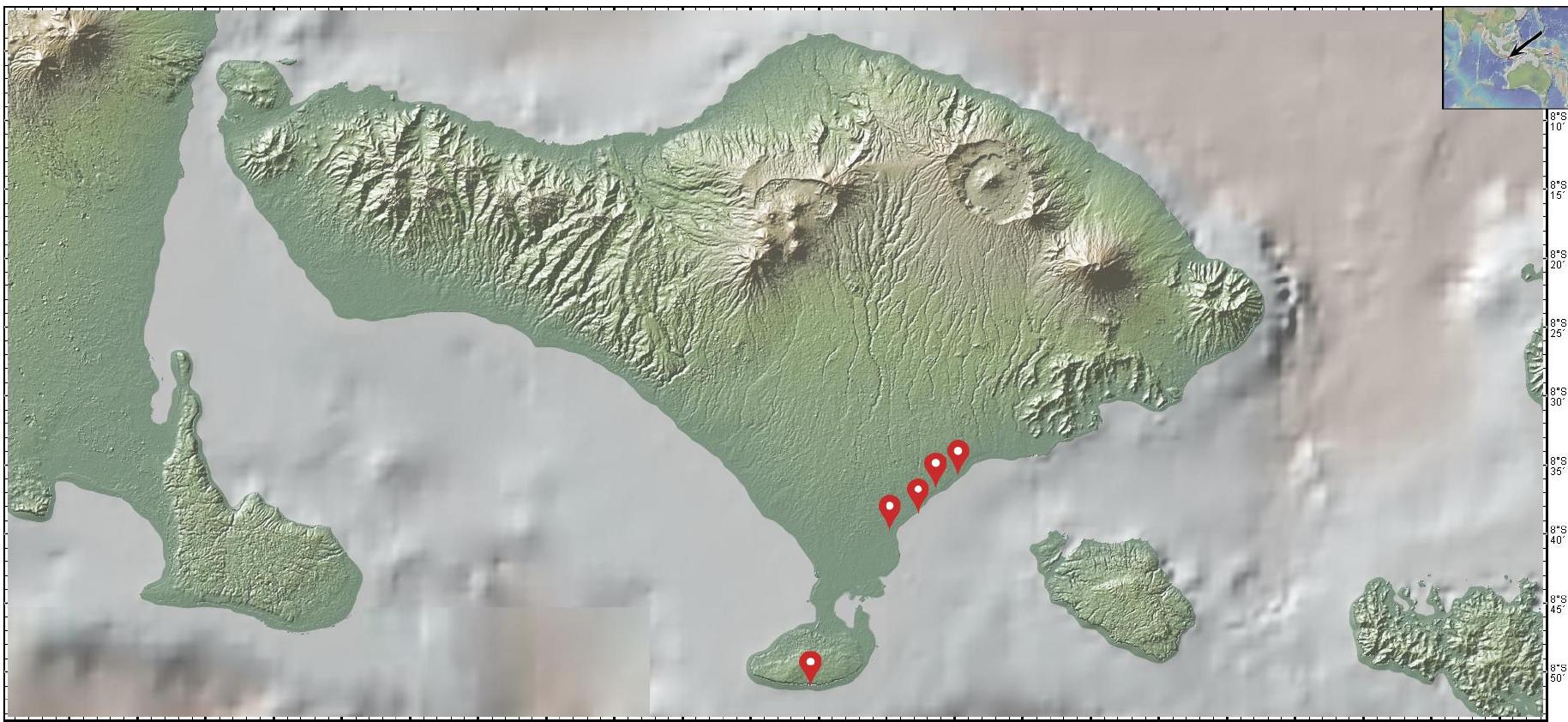 Map showing locations of tsunami deposits on bali island.