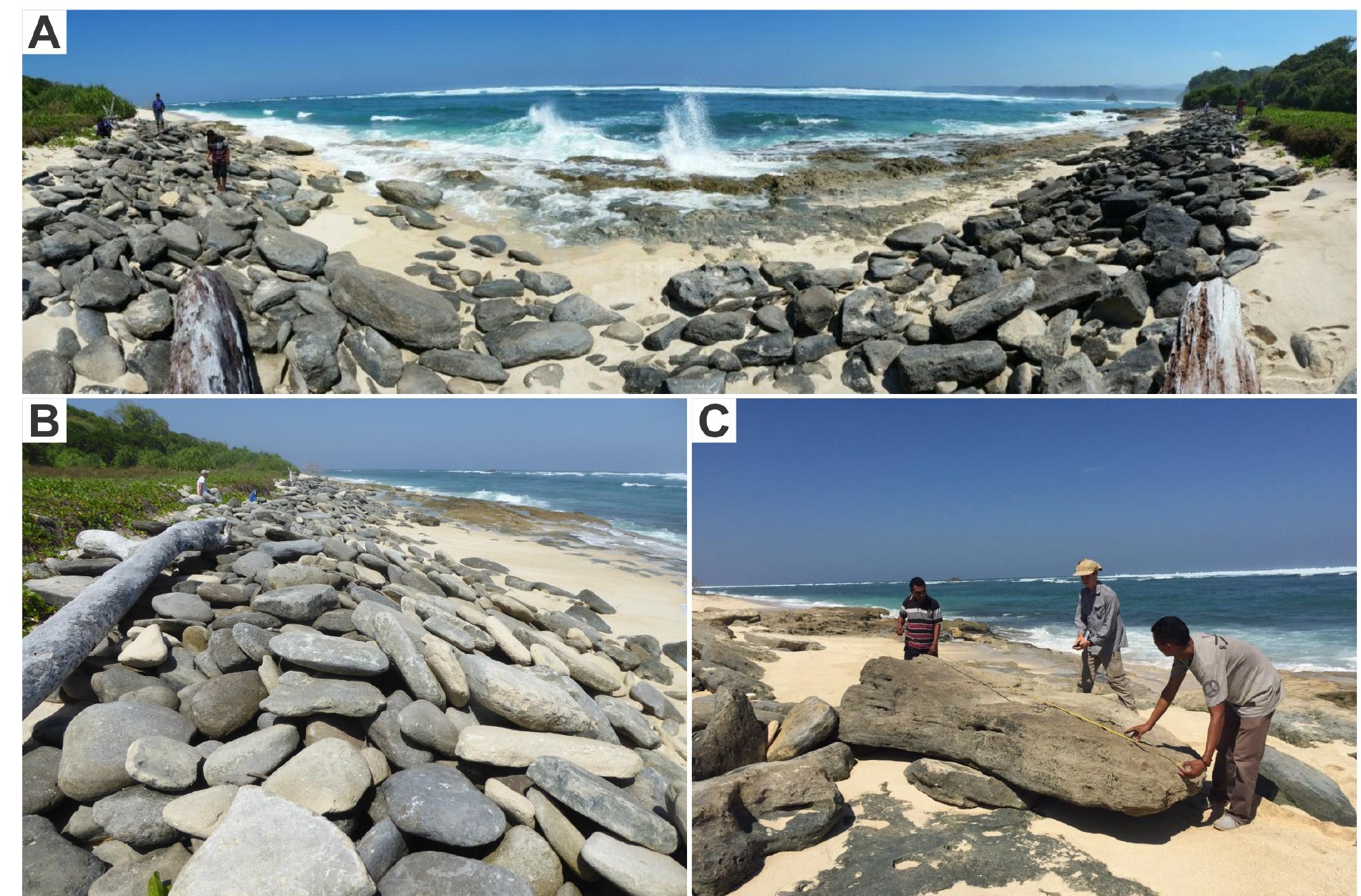 Imbricated boulders of konda maloba beach. a) panoramic view