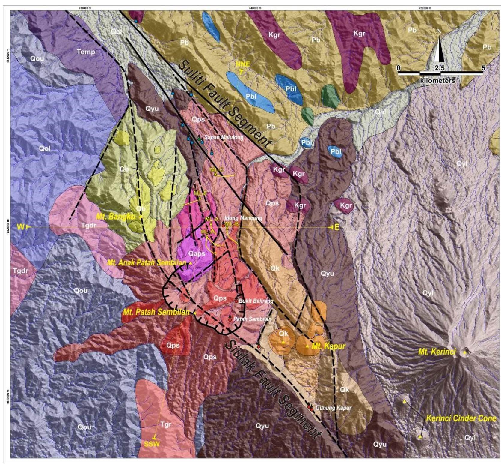 Geologic map of muara laboh. see figure 3 for map legend.