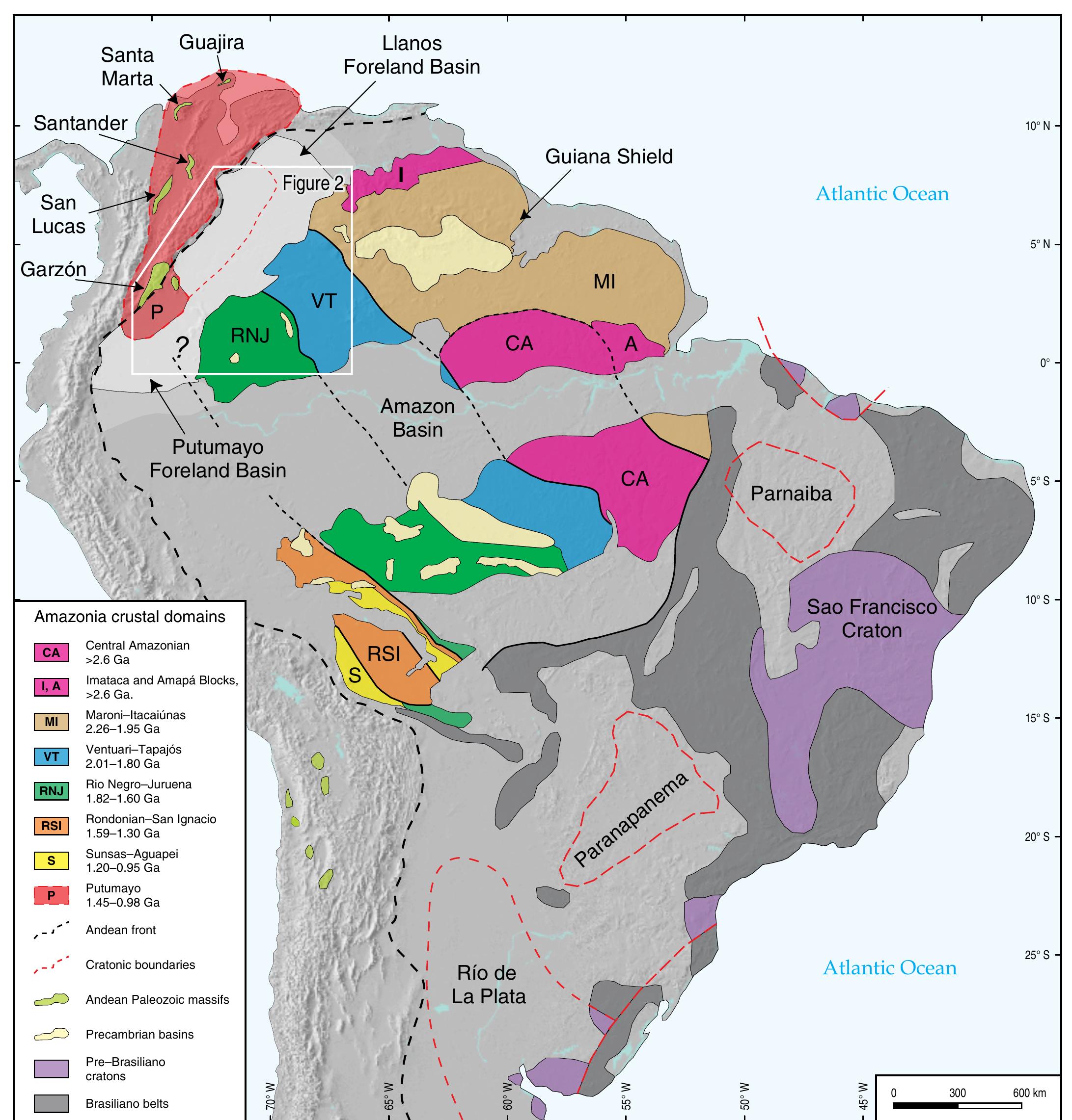 Simplified geo-tectonic map of south america overlaid on
