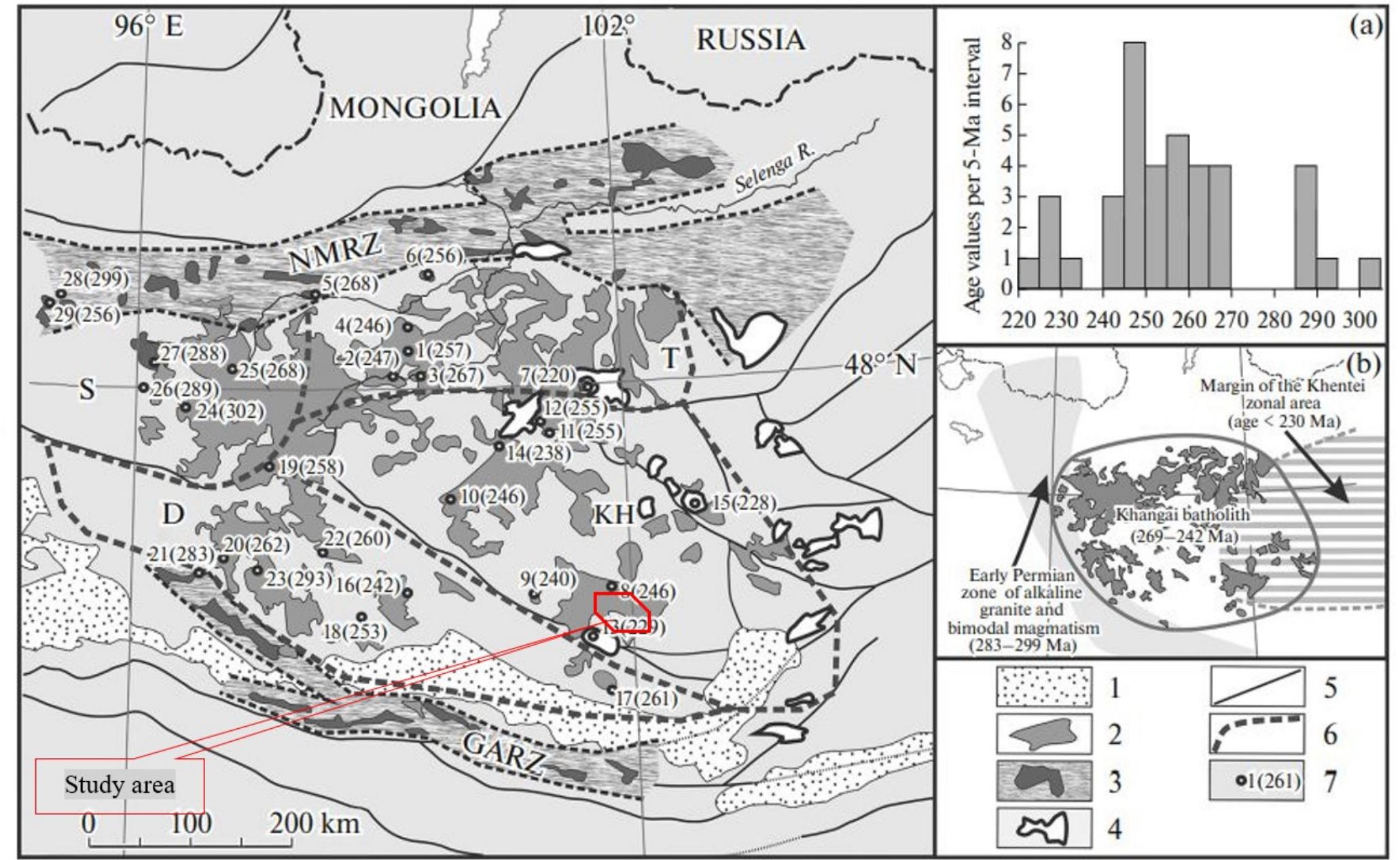 Schematic geological map of the khangai zonal magmatic area