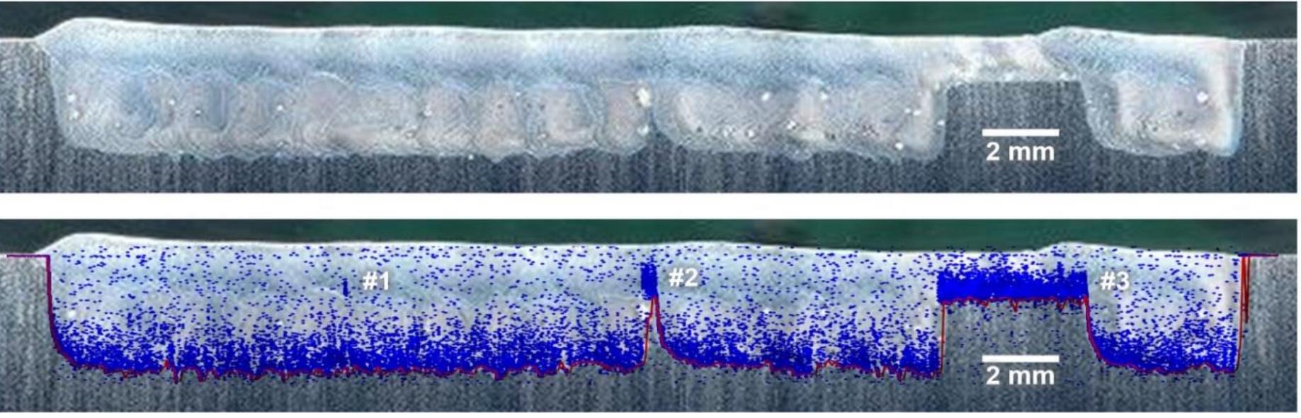 Longitudinal cross section of a weld with varying laser