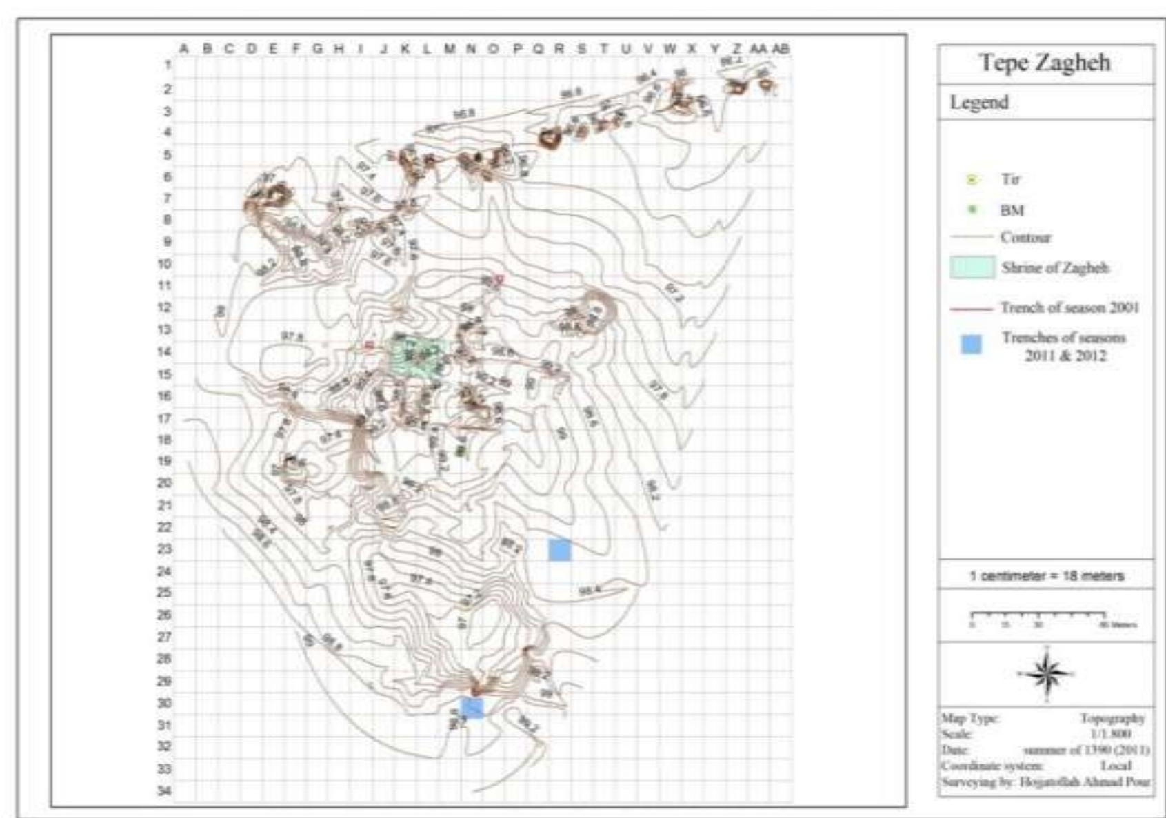 Topographic map of tepe zagheh with location of trenches