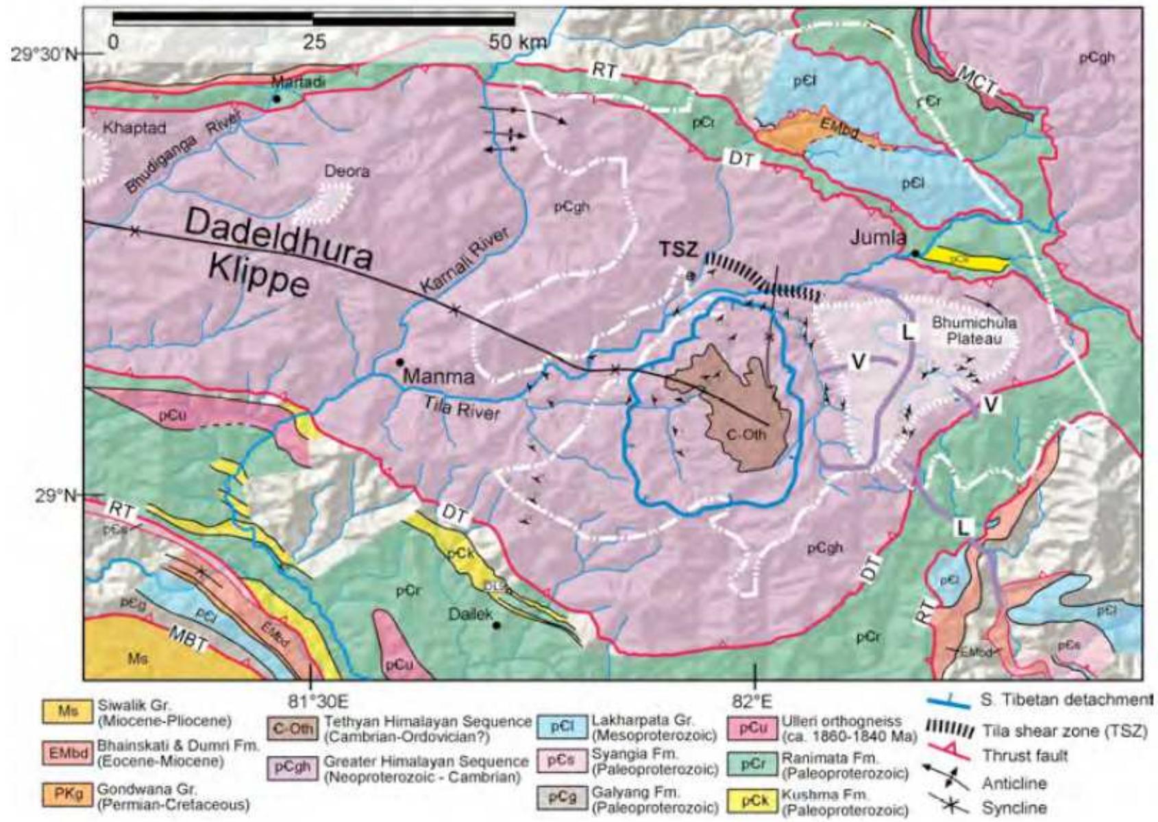 Geological map of the dadeldhura klippe in western nepal.