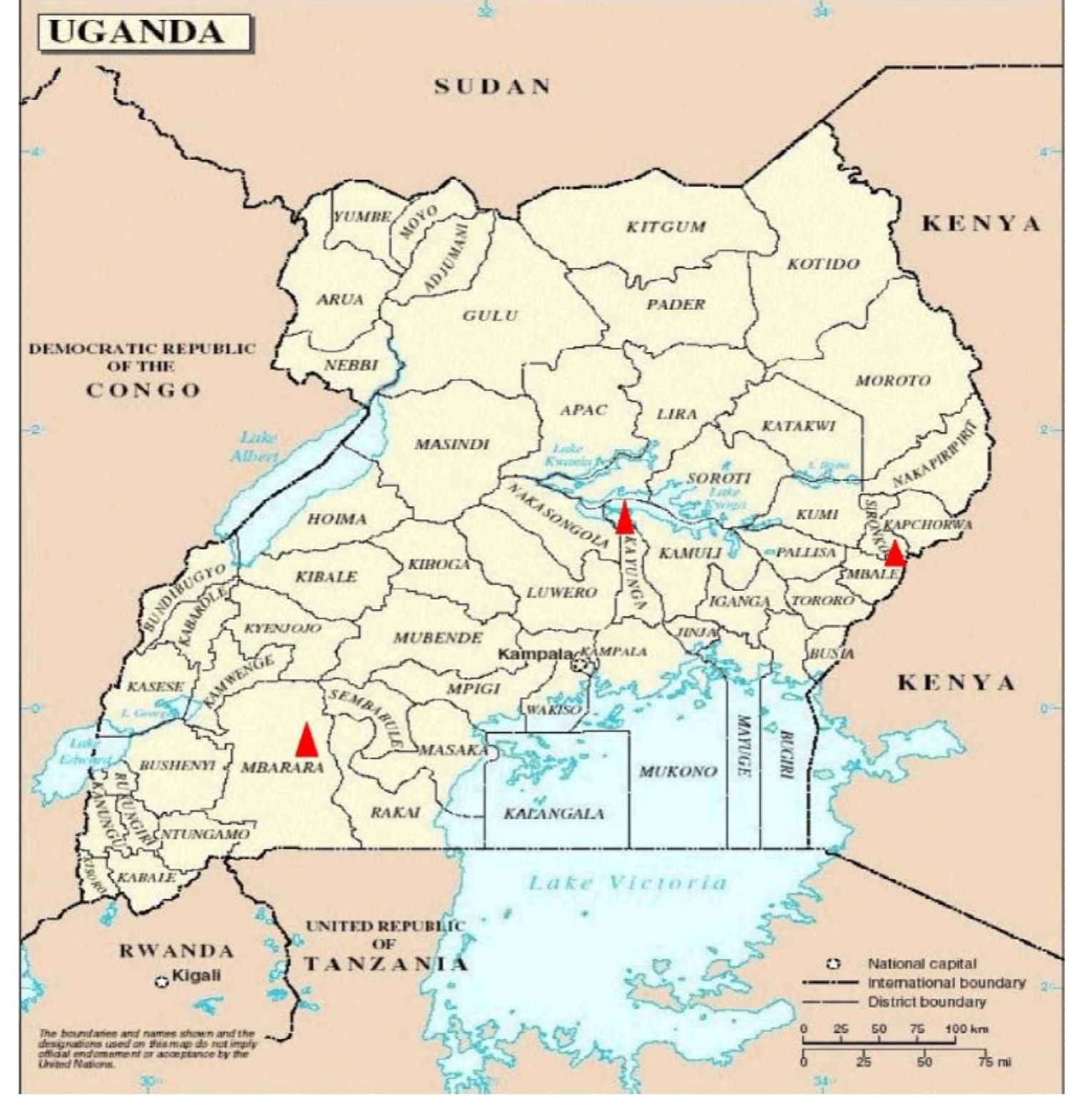 The map of uganda showing the three districts surveyed: