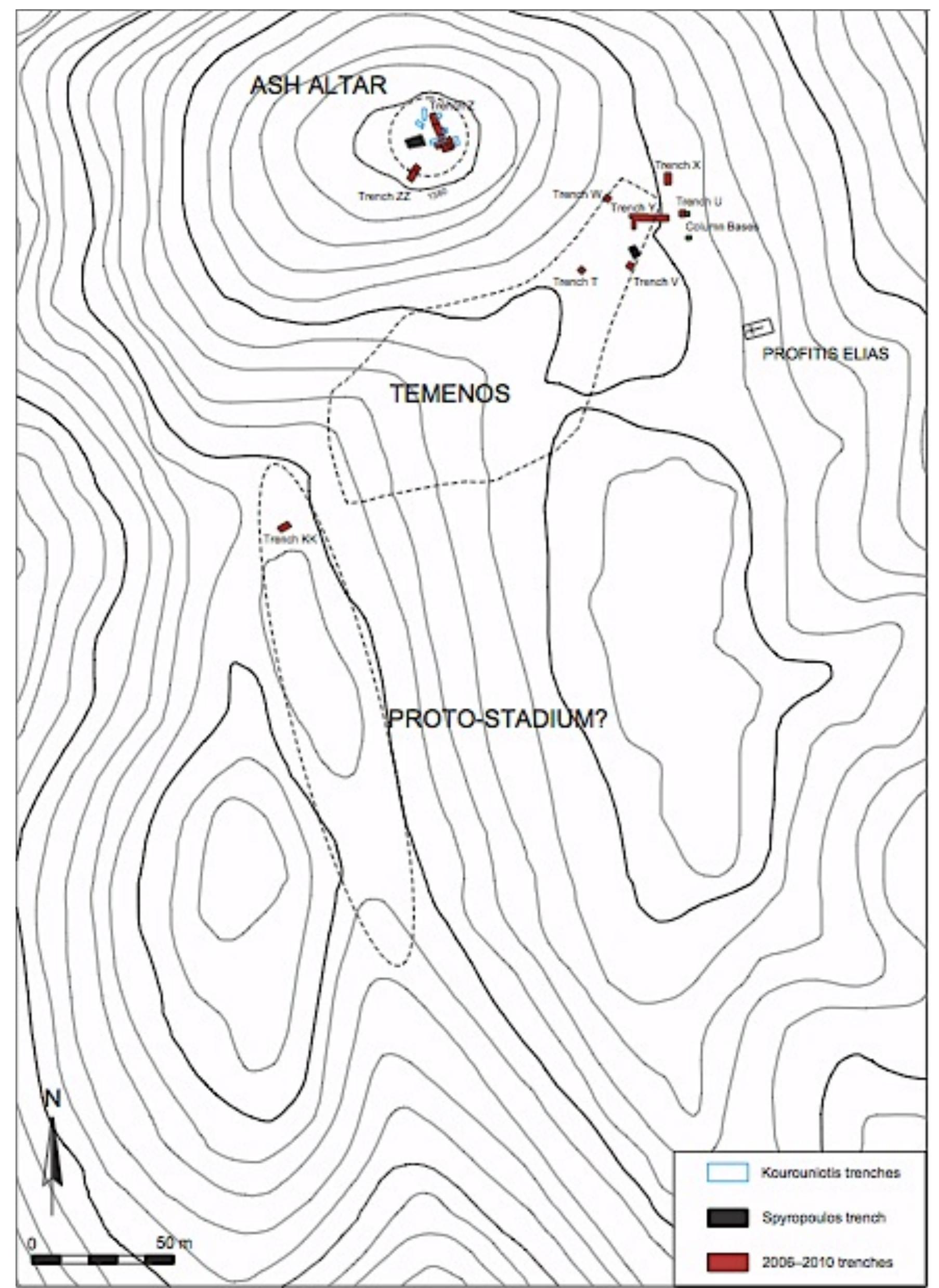 Mount lykaion: map of the temenos, ash altar and