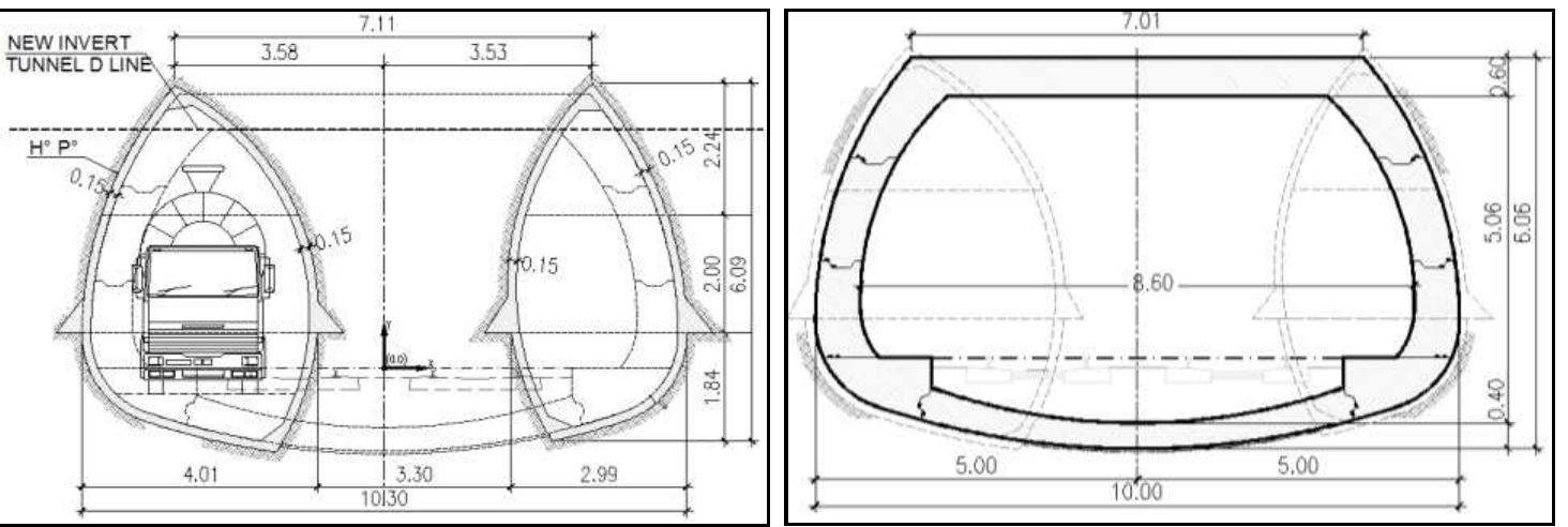 Tunnel line h crossing under line d. cross section and