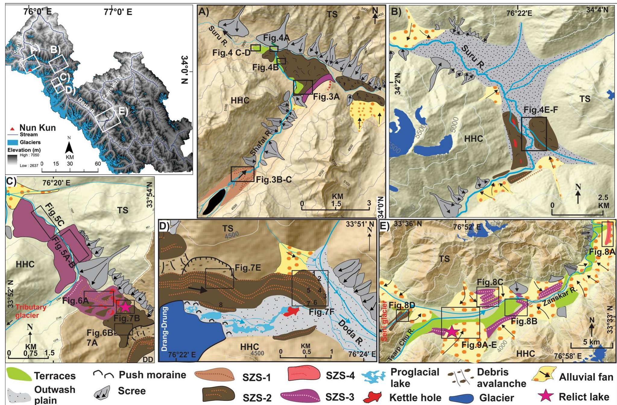 Map showing the summary of the landforms investigated in the