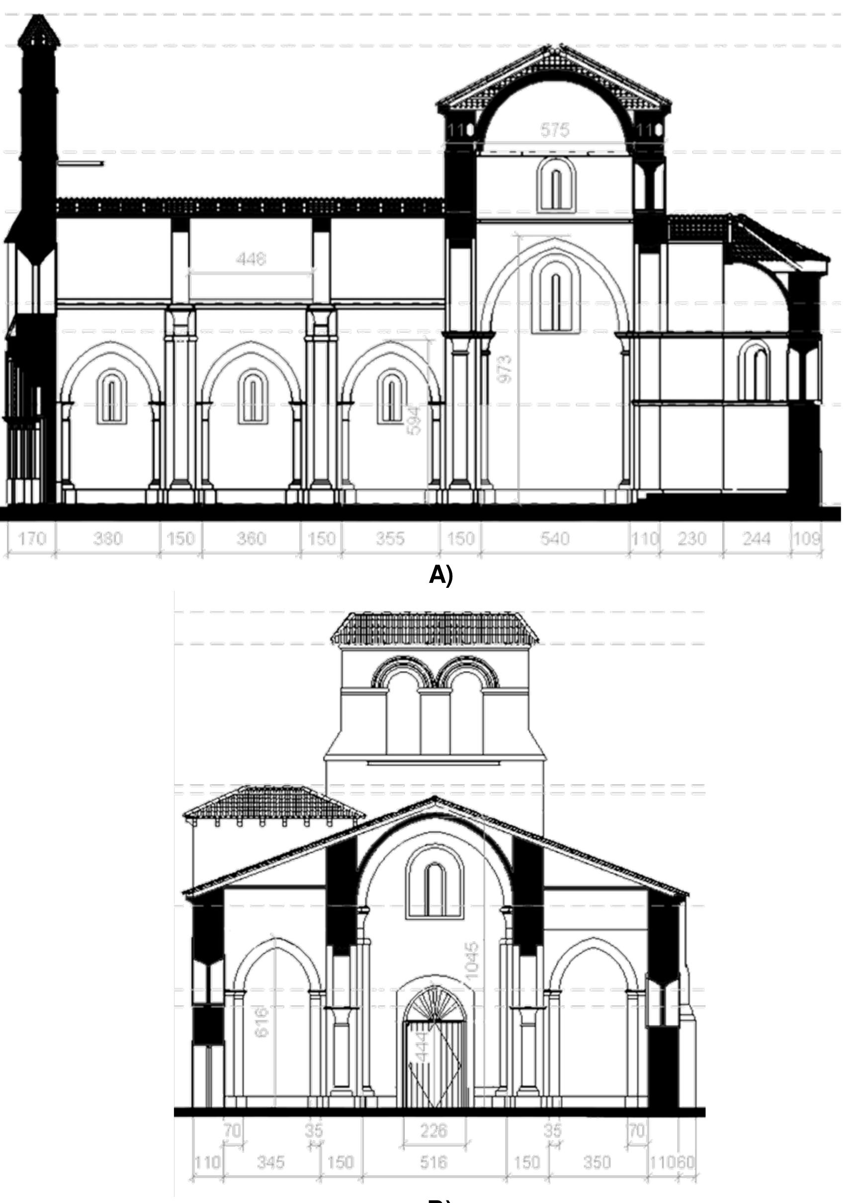 A) longitudinal section of the church. b) cross section of