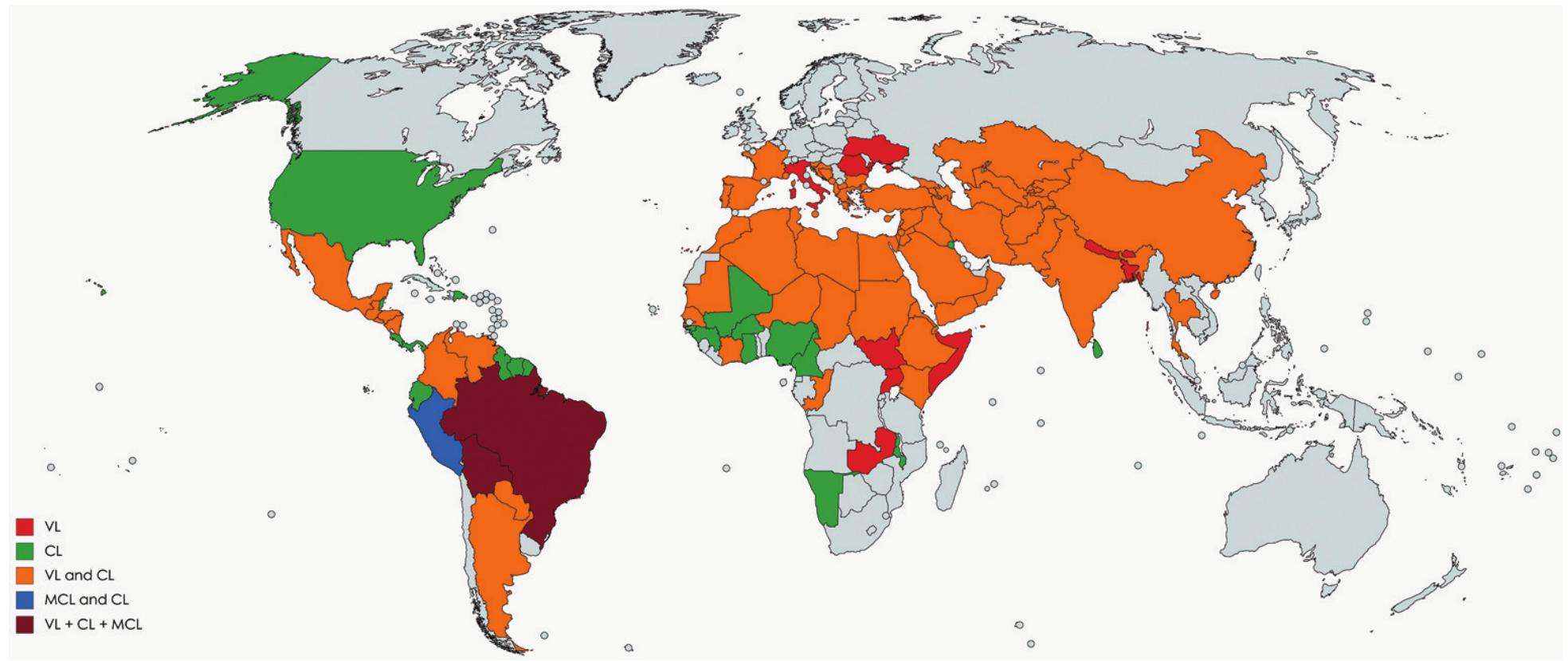 World map: human leishmaniasis distribution. vl, visceral