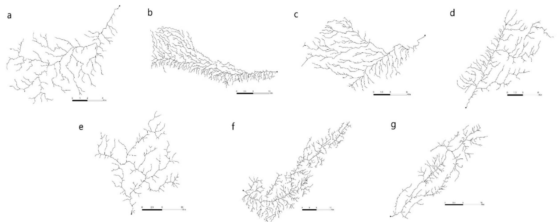 Example of identified drainage network patterns: (a)