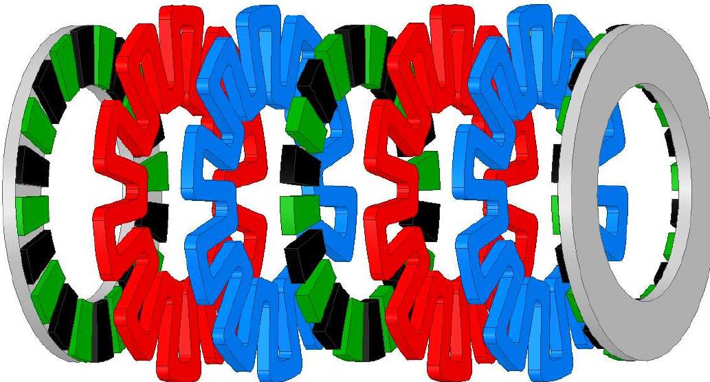 The exploded view of 3d fea model for a two-phase afpm motor