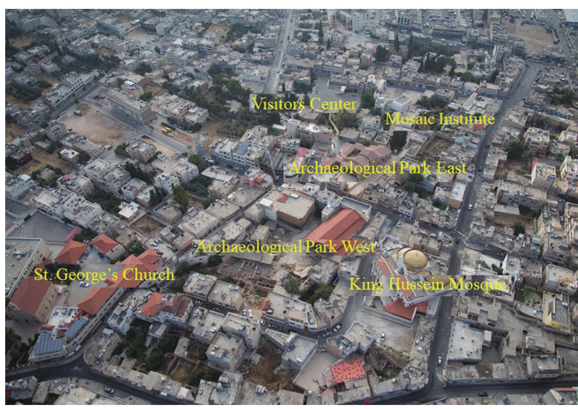 Aerial photo of downtown madaba showing the location of the