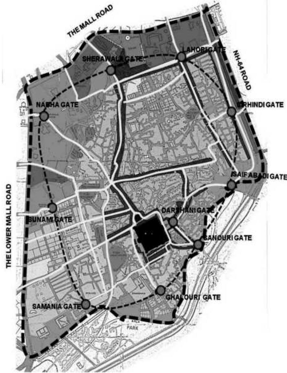 Map showing the walled city of patiala. (source: map taken