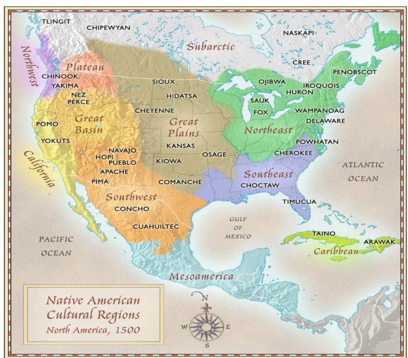 Map of north america showing cultural regions, including the