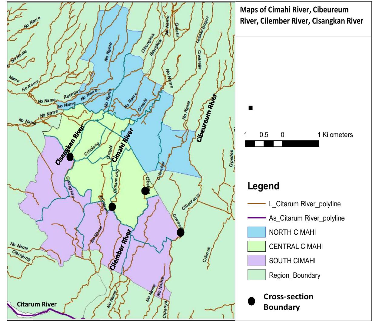 Map and cross-section boundary of cimahi, cibeureum,