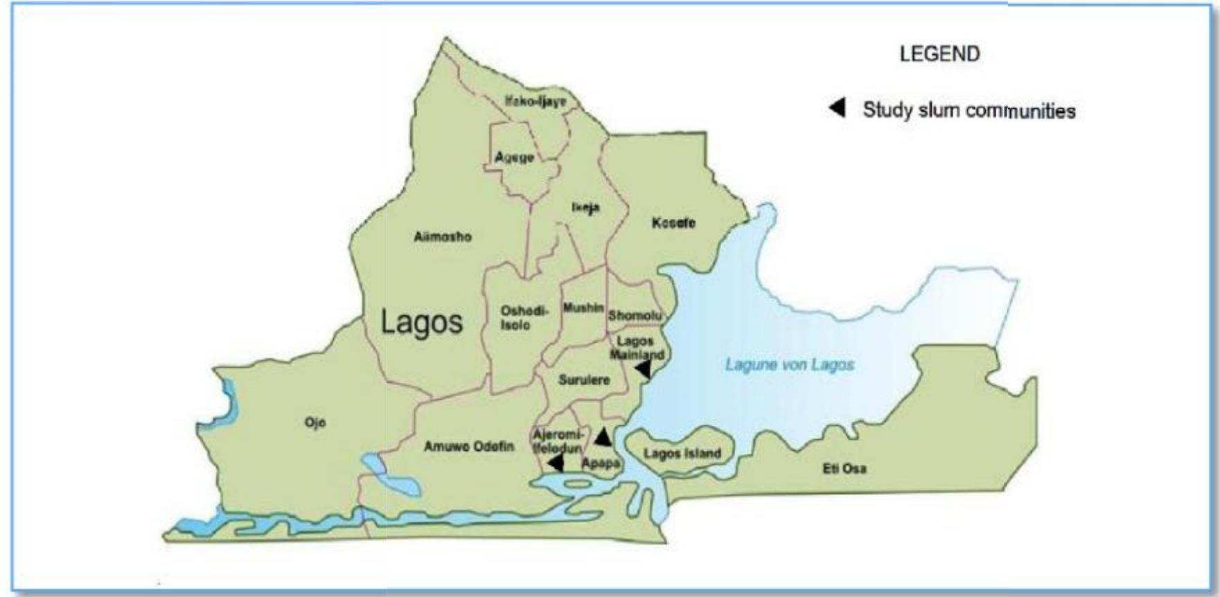 Map of lagos state showing the study local government areas