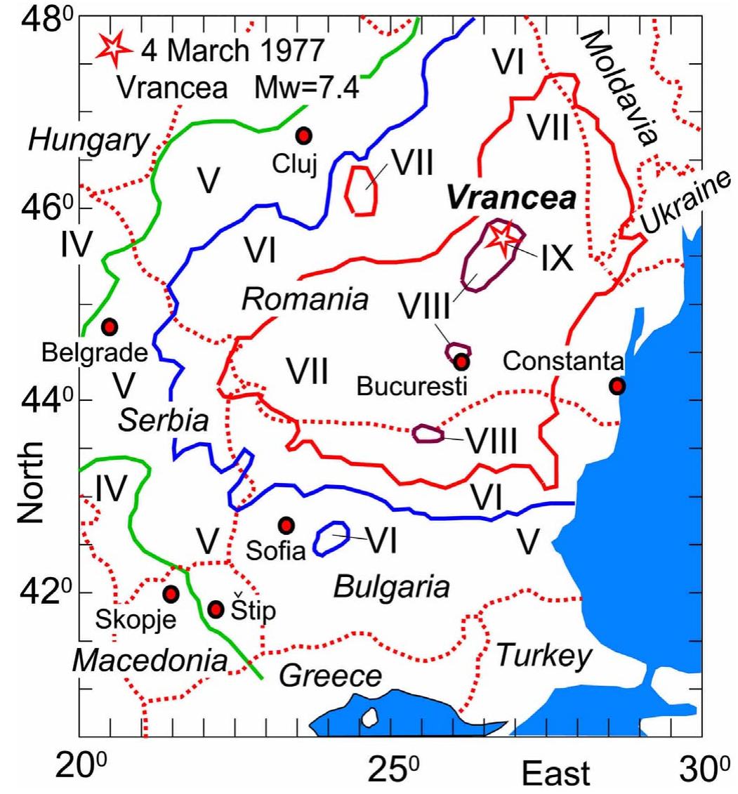 A map of msk intensity contours for the march 4, 1977