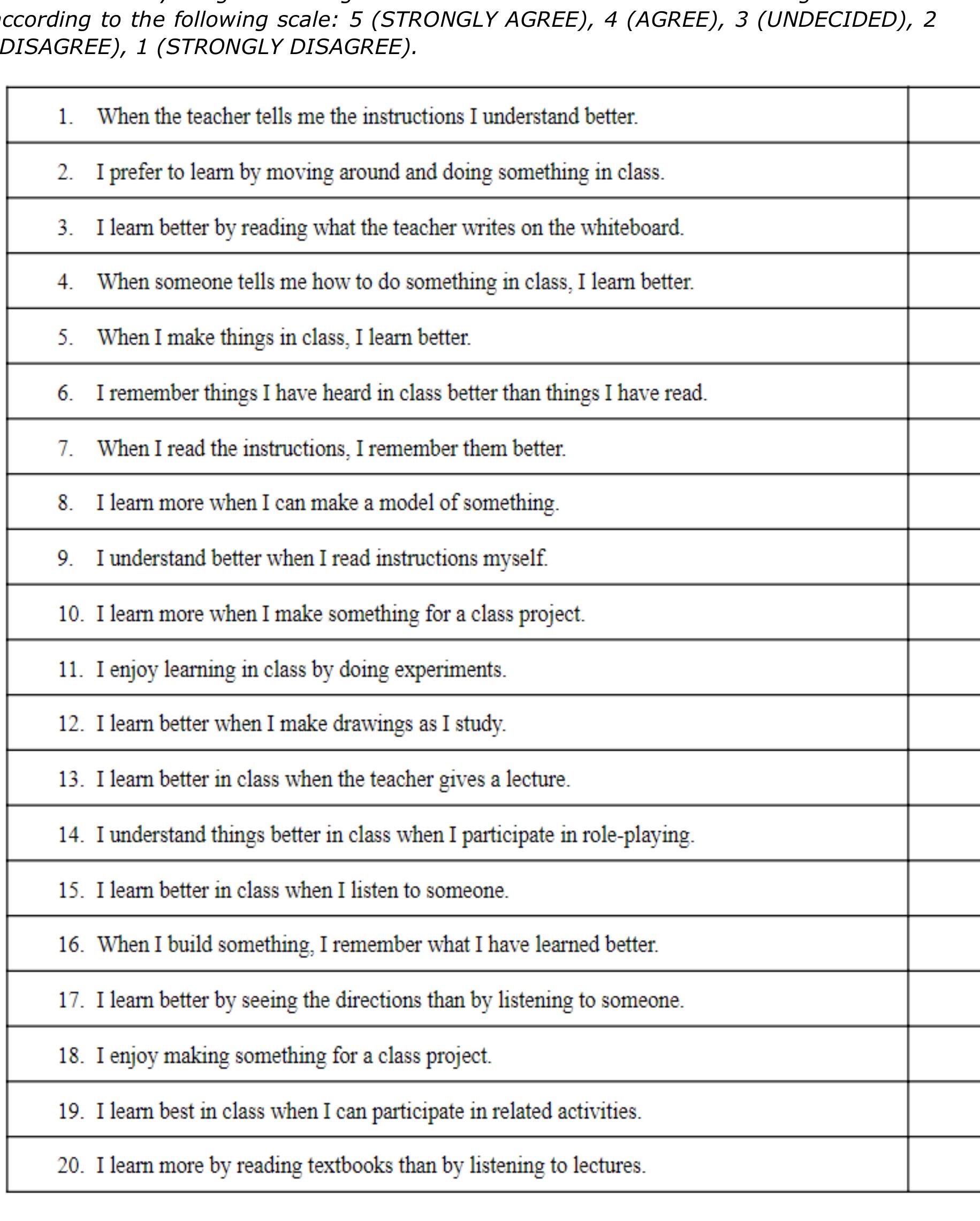 Table 1 - Multimodal and Perceptual Learning Styles: Their