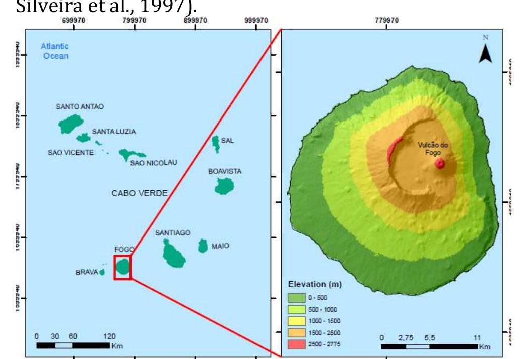 Map of fogo island, one of the ten volcanic islands of the
