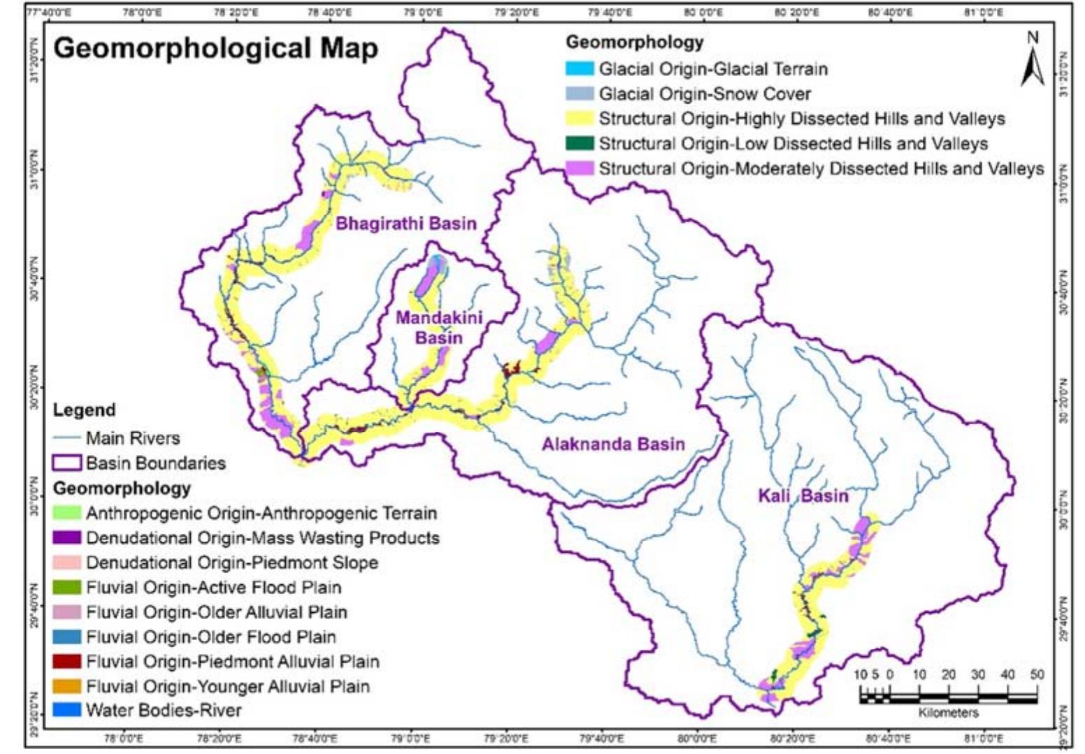 Geomorphology map of river basins. gangotri, the evidence of