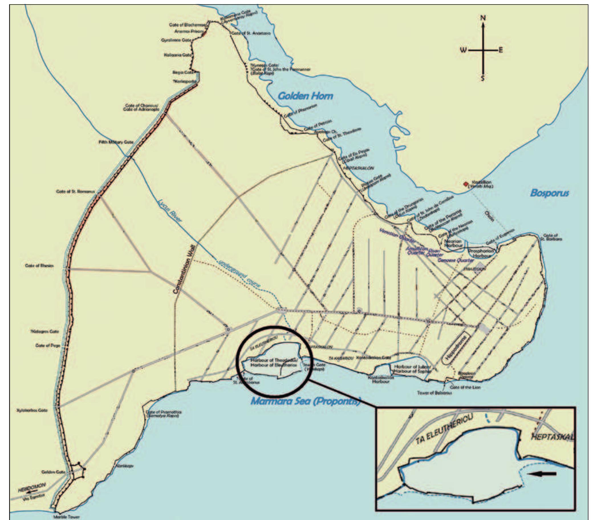 Map of constantinople highlighting the harbour of