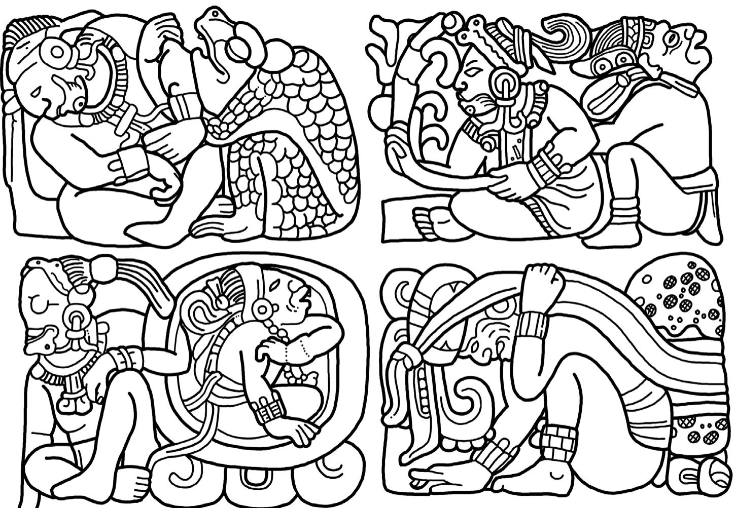 Full figure glyphs on copan stela d, a3-b4. (drawing by