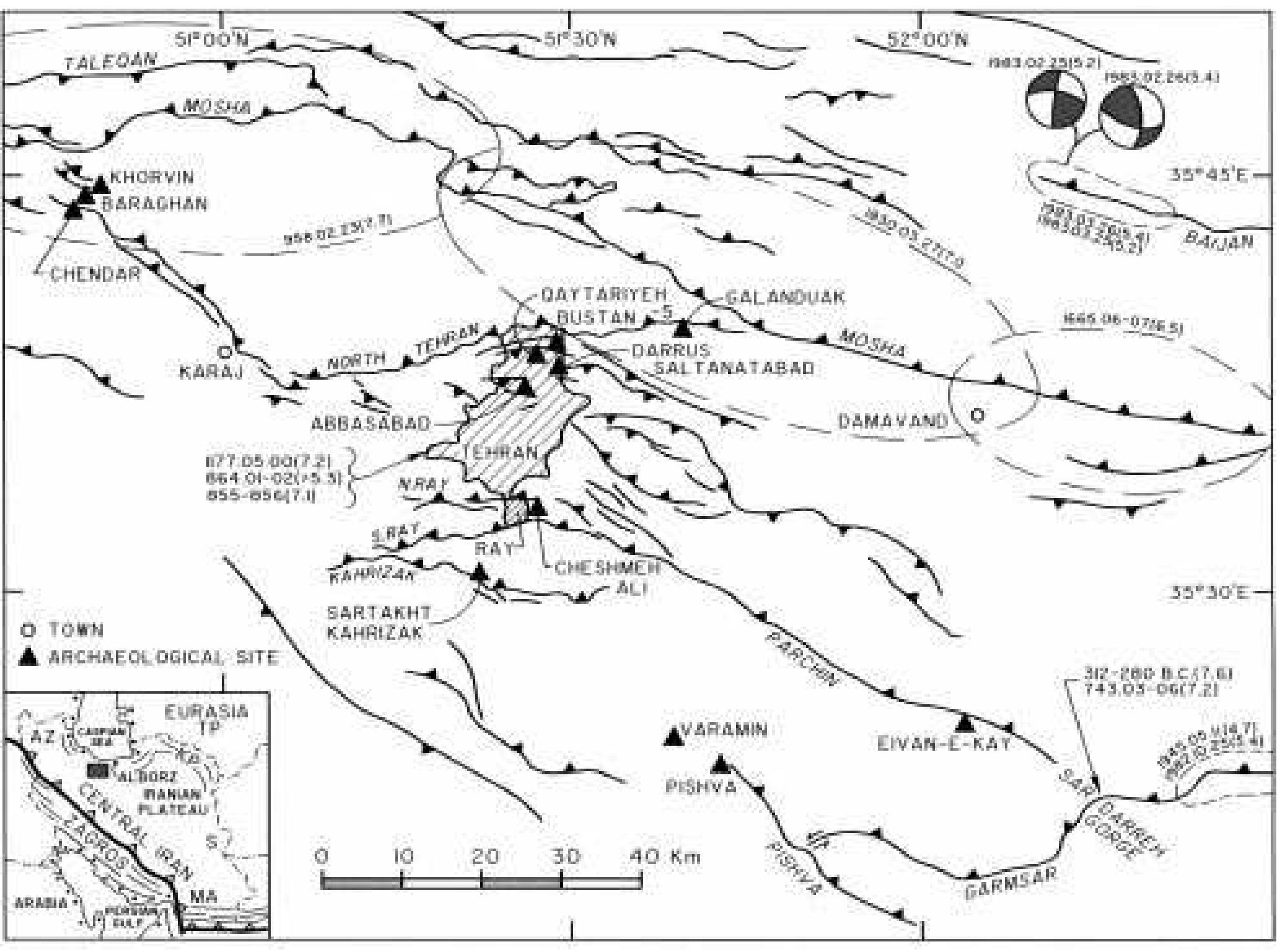 Fault map (located in fig. 1) and major archaeological sites