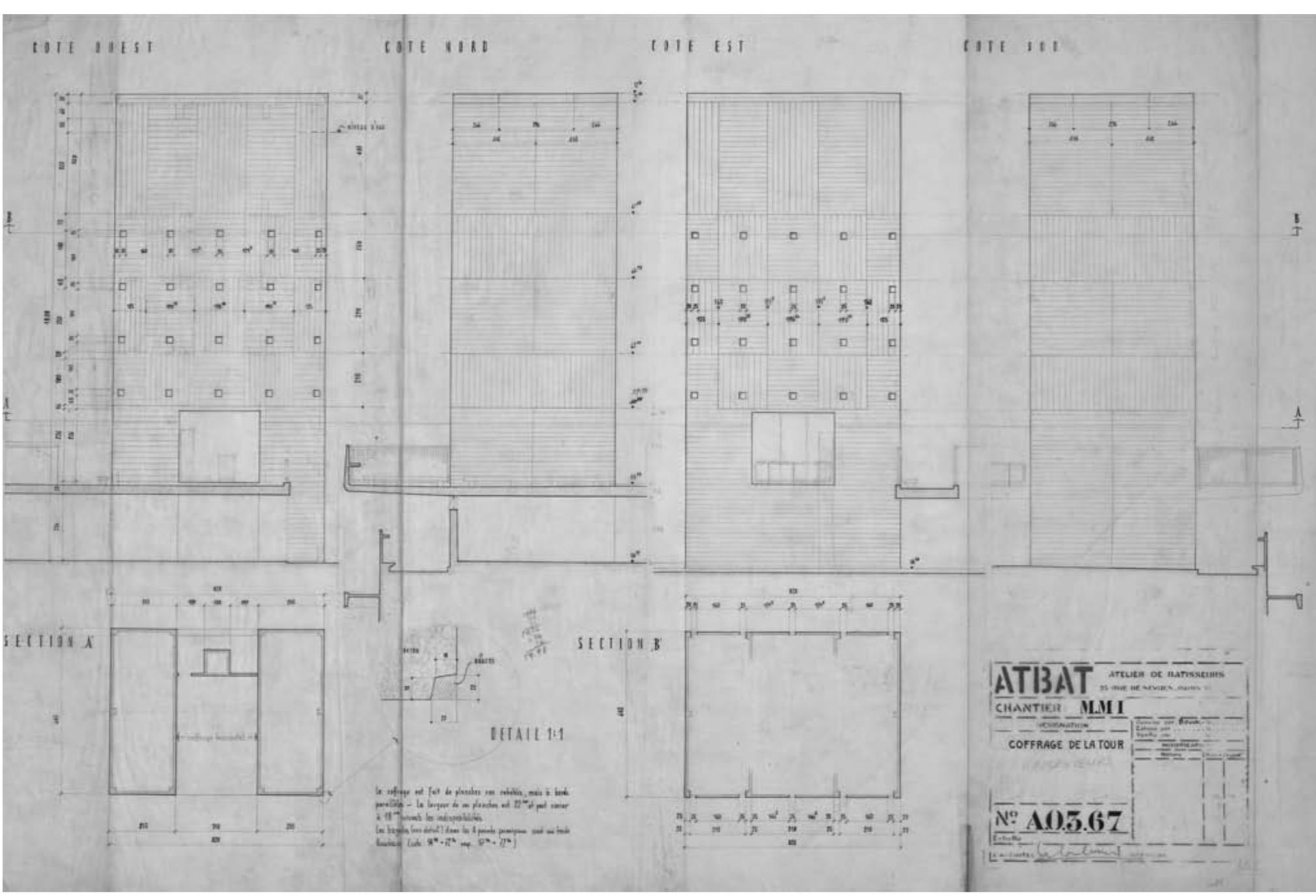 Le corbusier, unité d’habitation, drawings of shuttering on